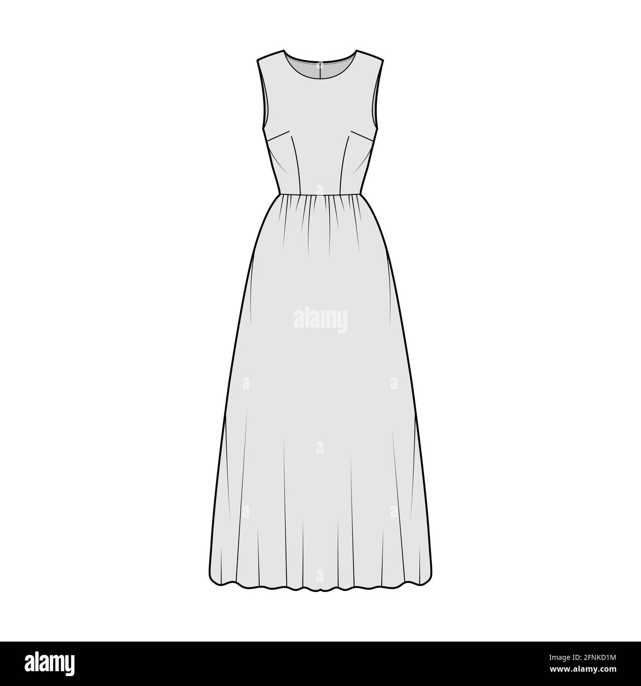 Dress long technical fashion illustration with sleeveless, fitted body ...