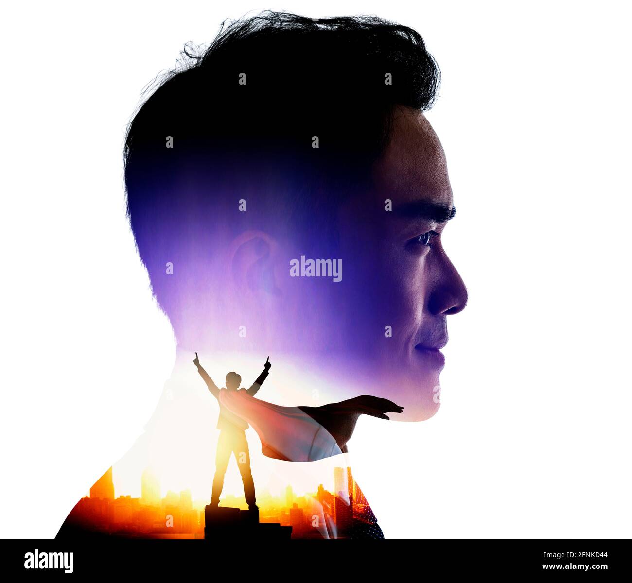 side view of young businessman with superhero success concepts. double ...