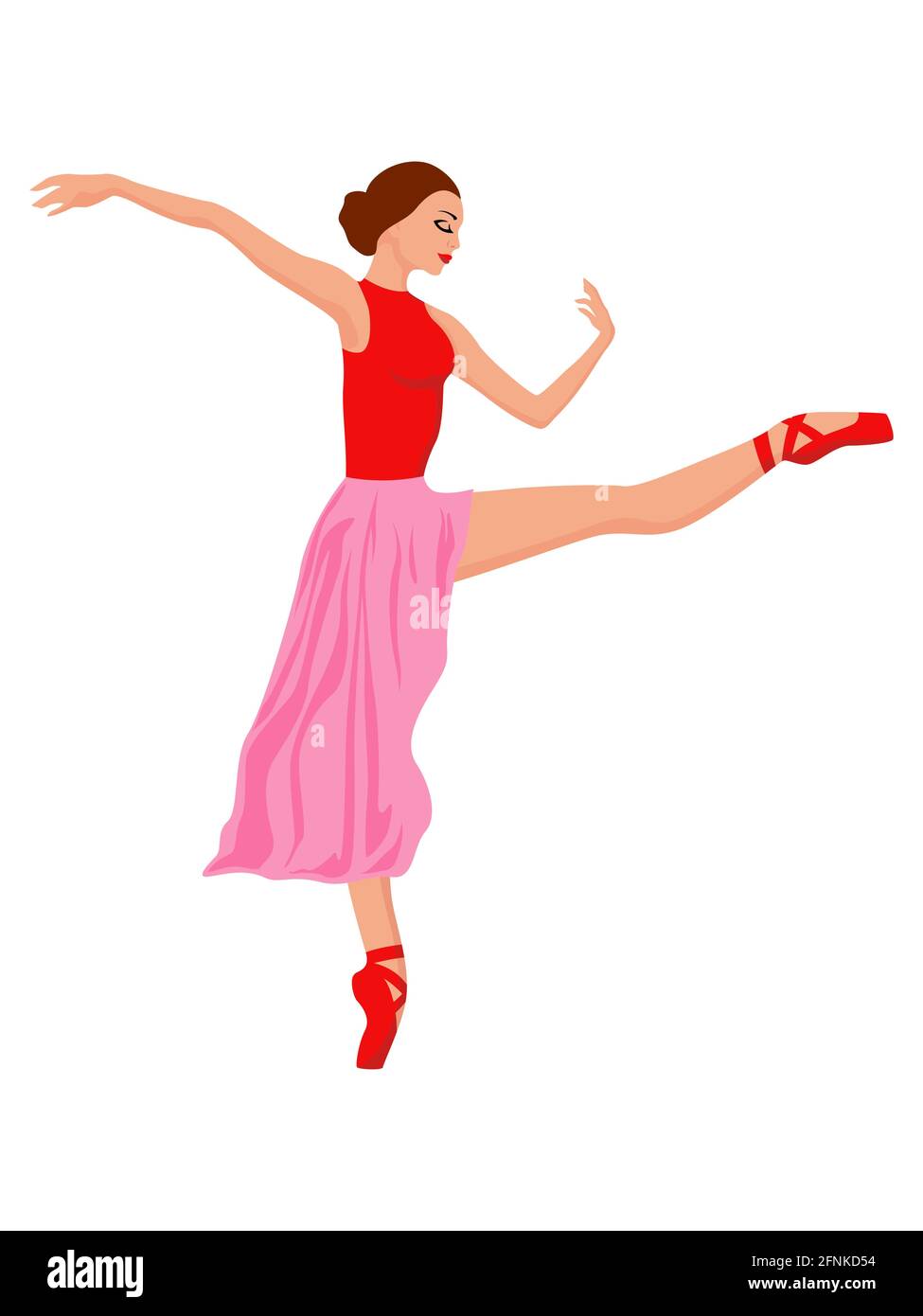 Gentle ballerina in red and pink dress, hand drawing vector, isolated ...