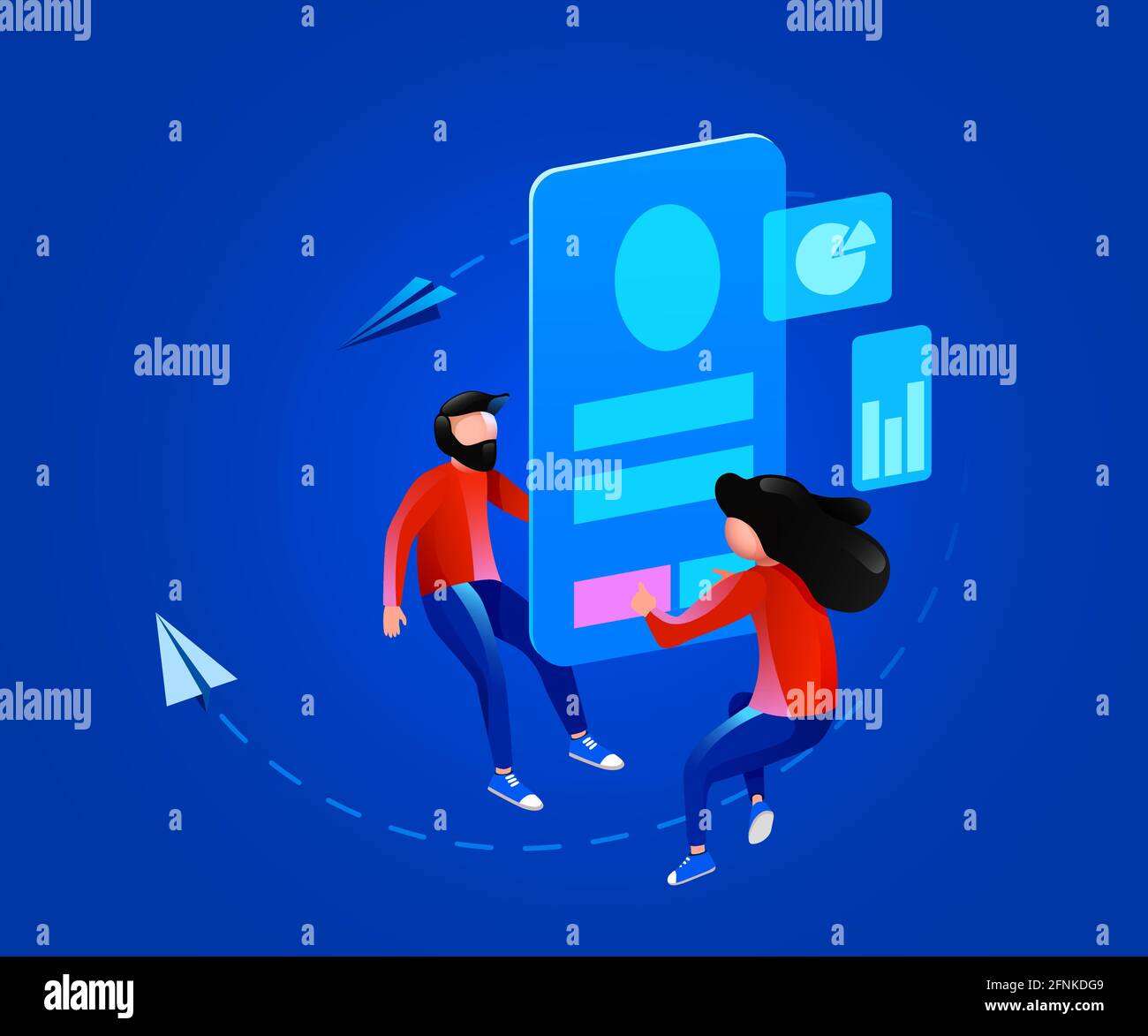 Small 3d flying people around business solution or user experience ...