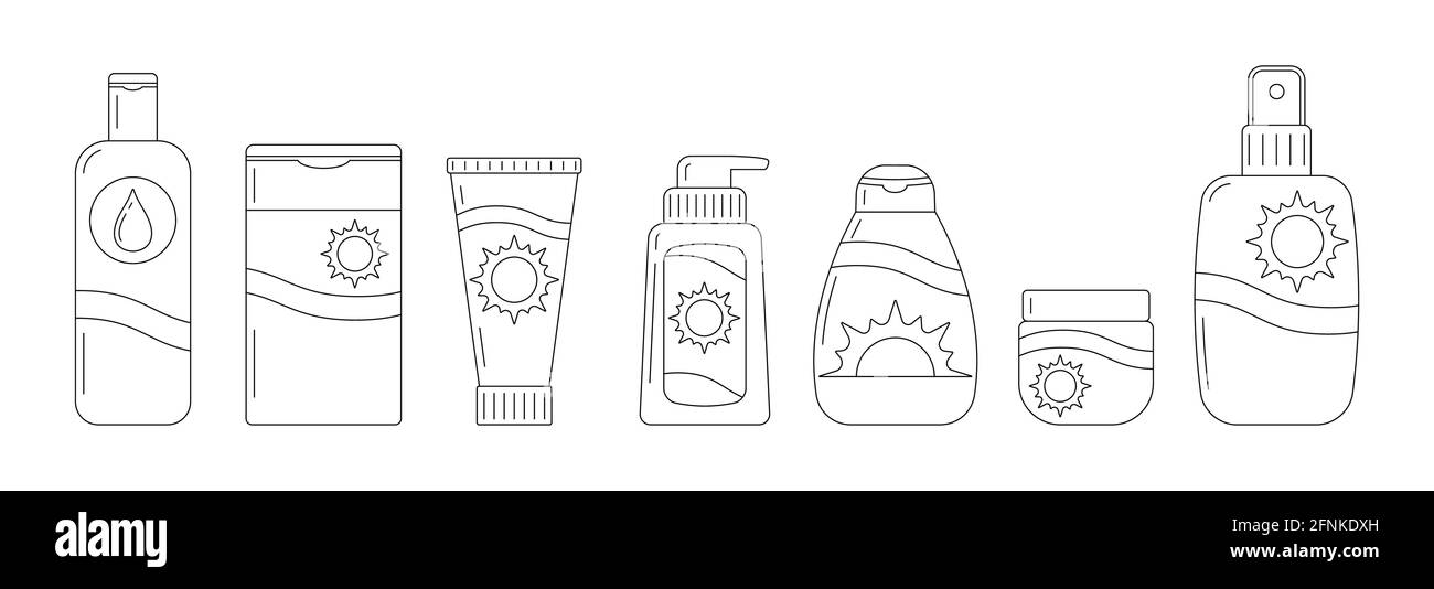Sunscreen bottles vector line art icon set isolated on white background ...