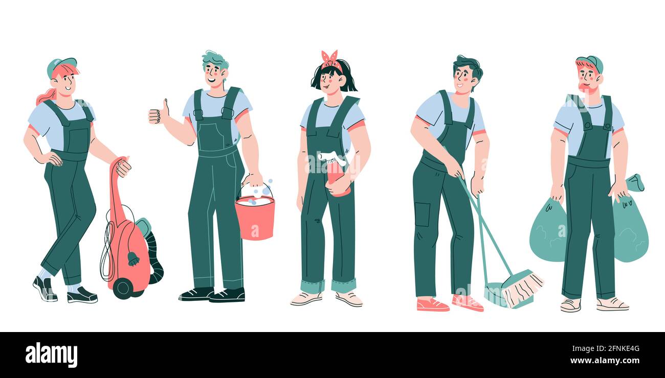 Cleaning company staff cartoon characters - women and men in green ...