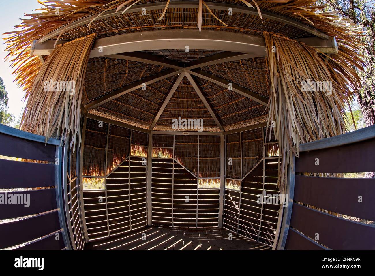 Inside a straw roofed bird hide photographed with a fisheye lens Stock ...