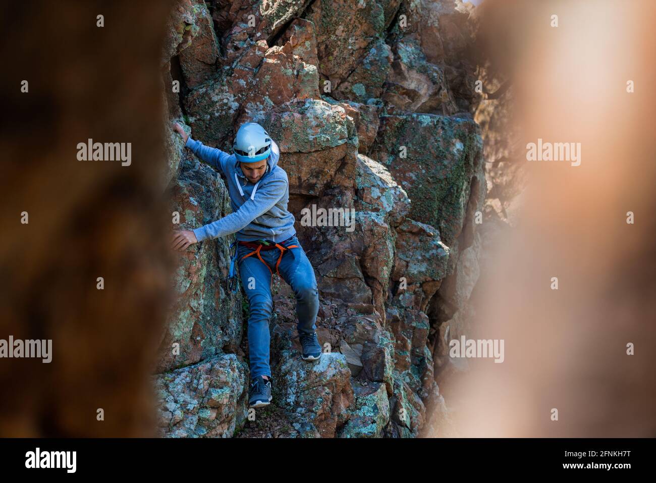 Climbing rock climber free climbing strong fit man fitness sport model ...