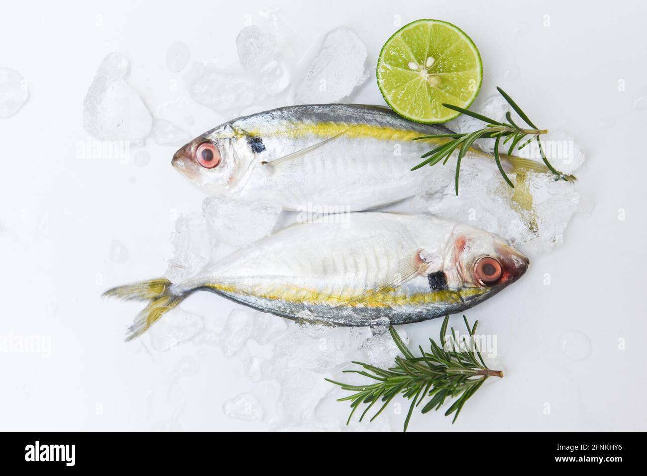 Fresh fish raw Yellow-stripe scad with lemon, Mackerel fish on ice for ...