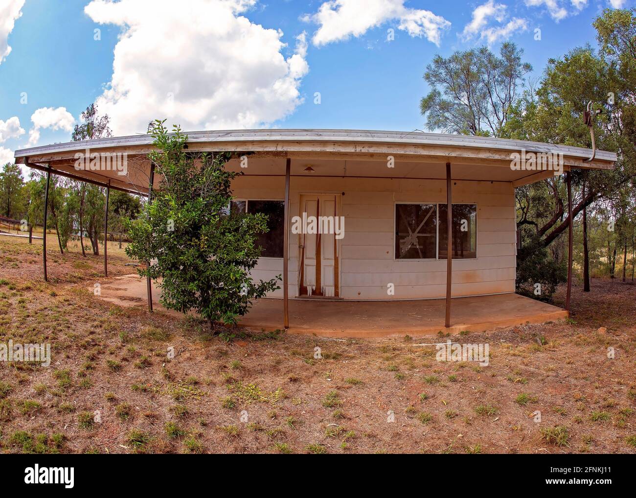 A retro building with curved features produced by a fisheye lens Stock ...