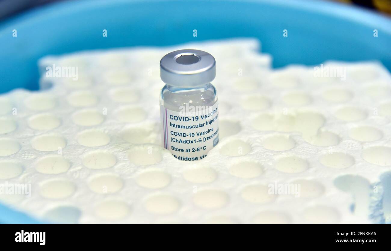 A vial of the AstraZeneca vaccine seen at a vaccination center.The city ...