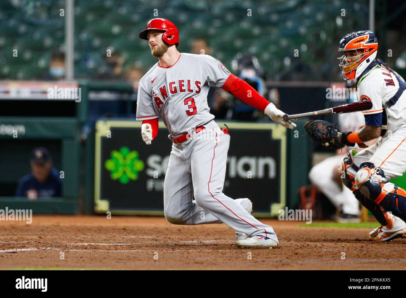 Los Angeles Angels outfielder Taylor Ward hits the ball during an MLB ...