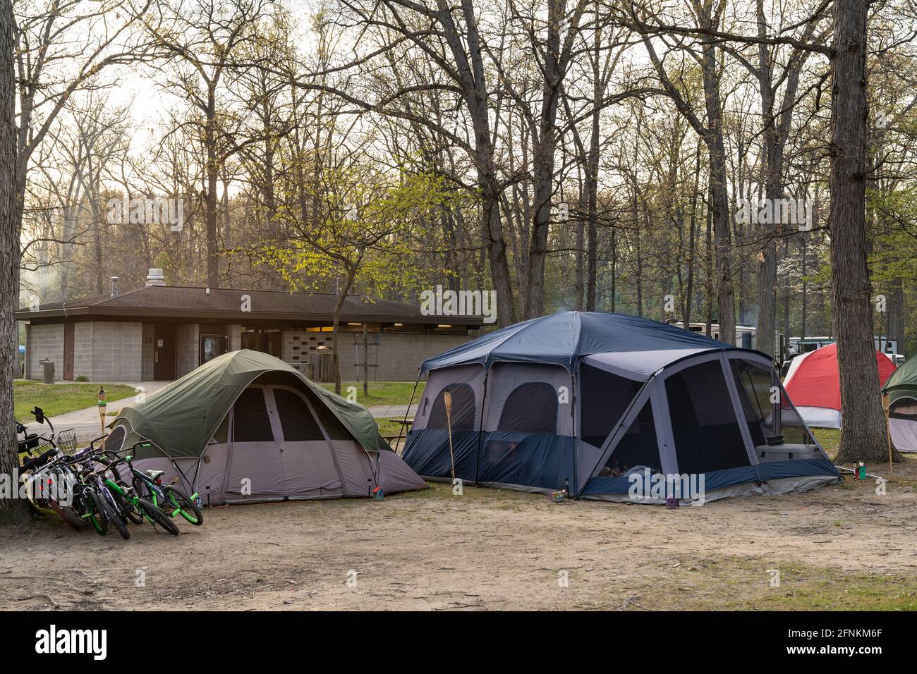 Camping and tents on the campground in the spring Stock Photo - Alamy