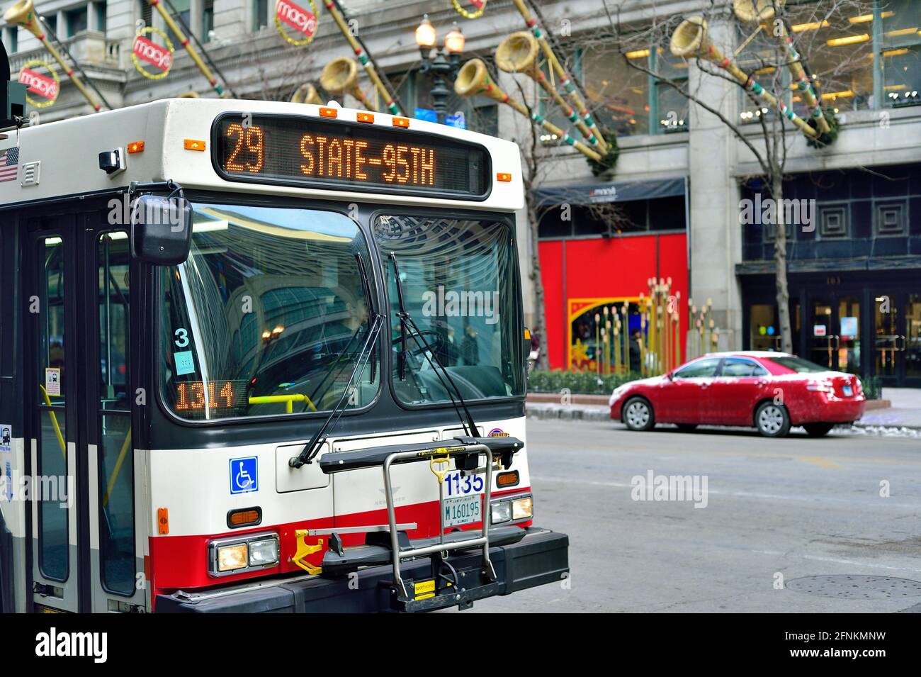 Chicago, Illinois, USA. A CTA bus destination board helps to identify ...