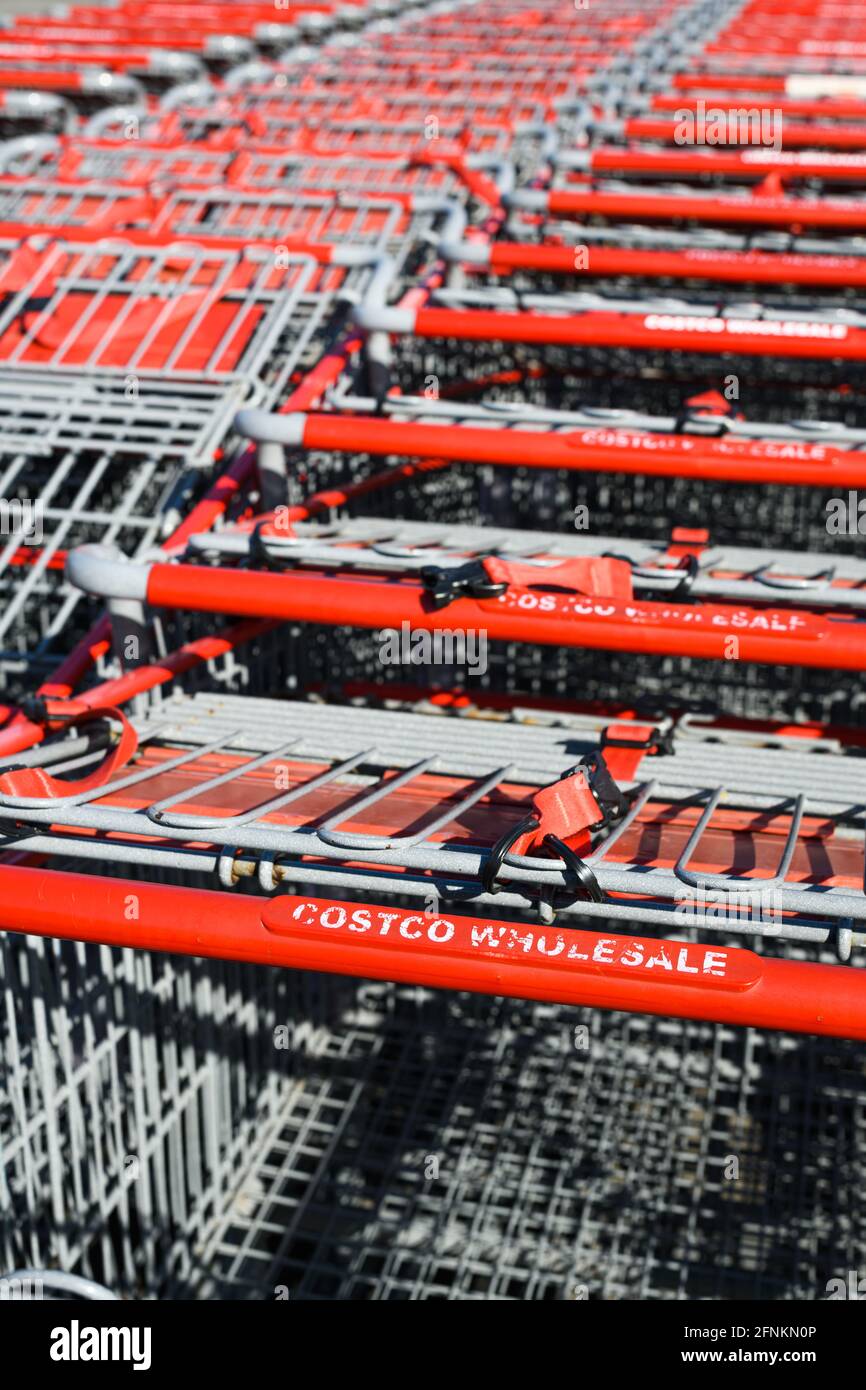 Redmond, WA, USA - May 16, 2021; Well worn handles of Costco Wholesale ...