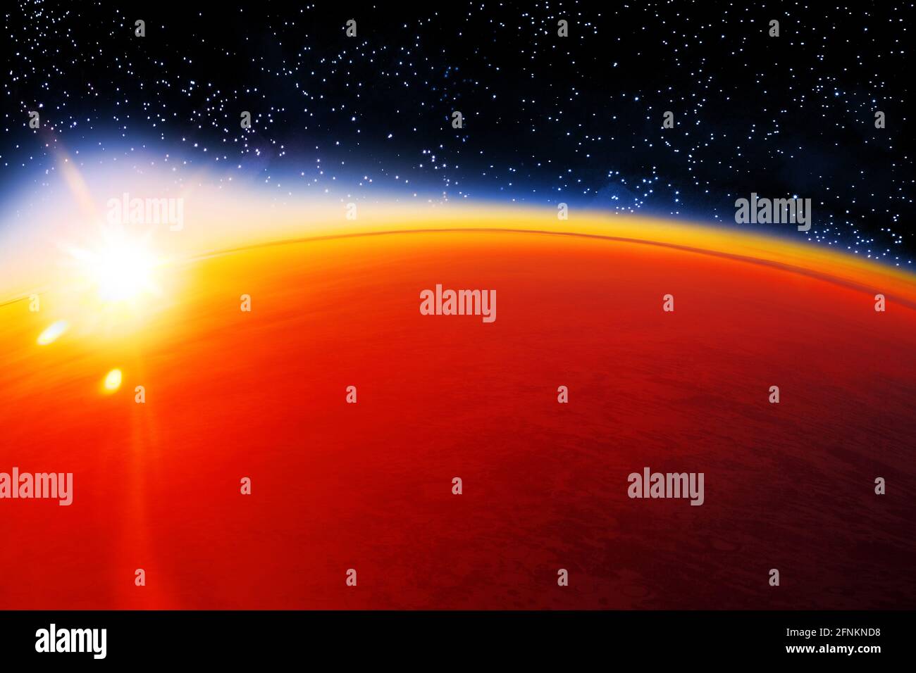 Cosmic sunset landscape, sunrise in cosmos over planet Mars horizon ...