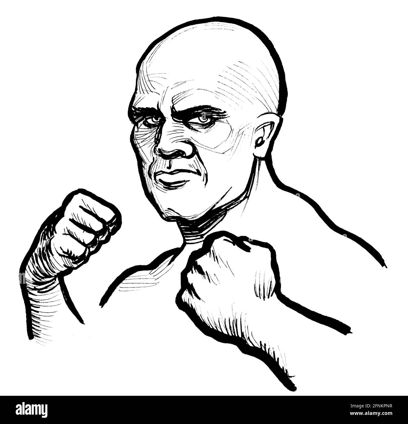 Big strong fighter. Ink black and white drawing Stock Photo - Alamy