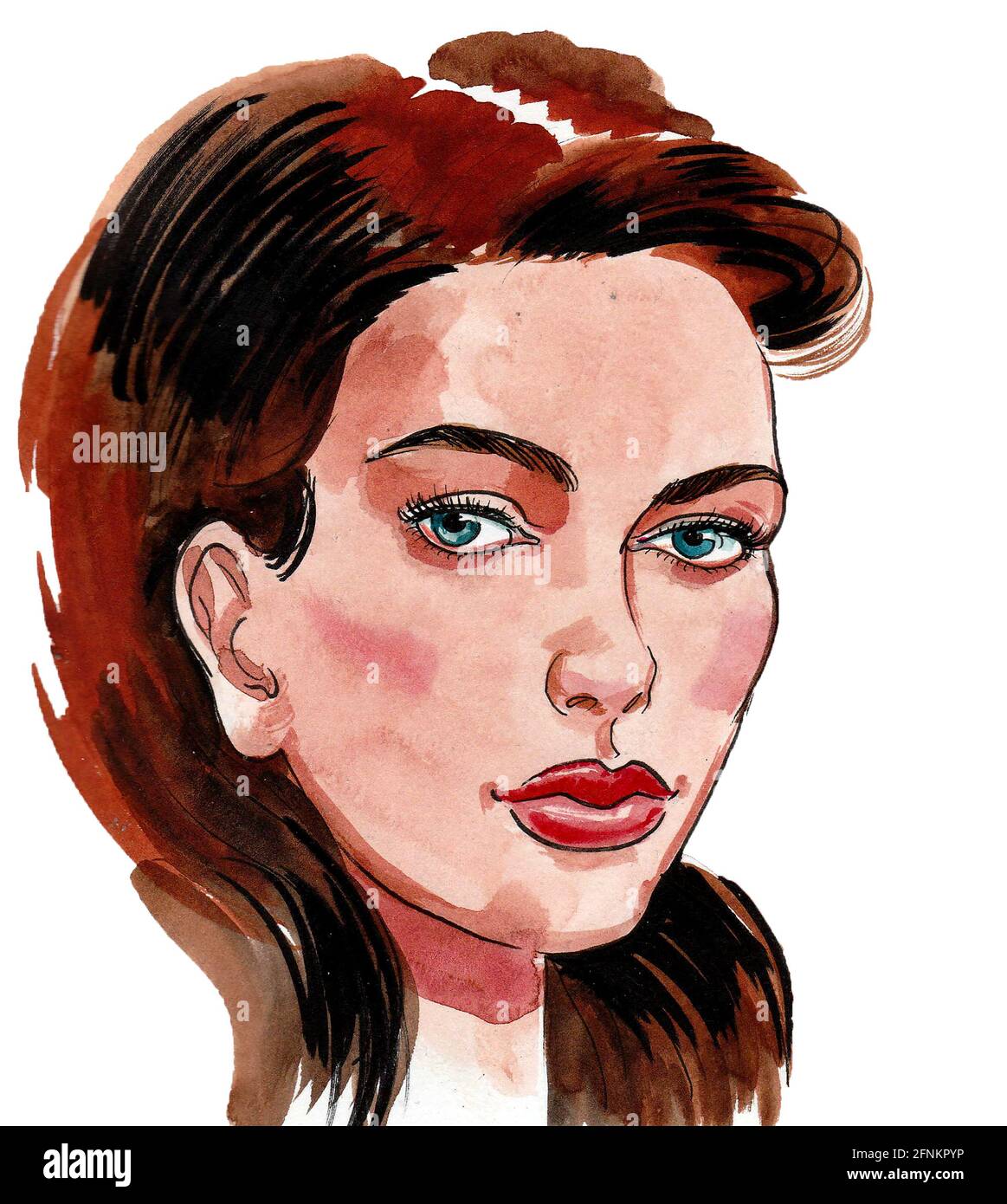 Beautiful woman with long hair. Ink and watercolor drawing Stock Photo ...