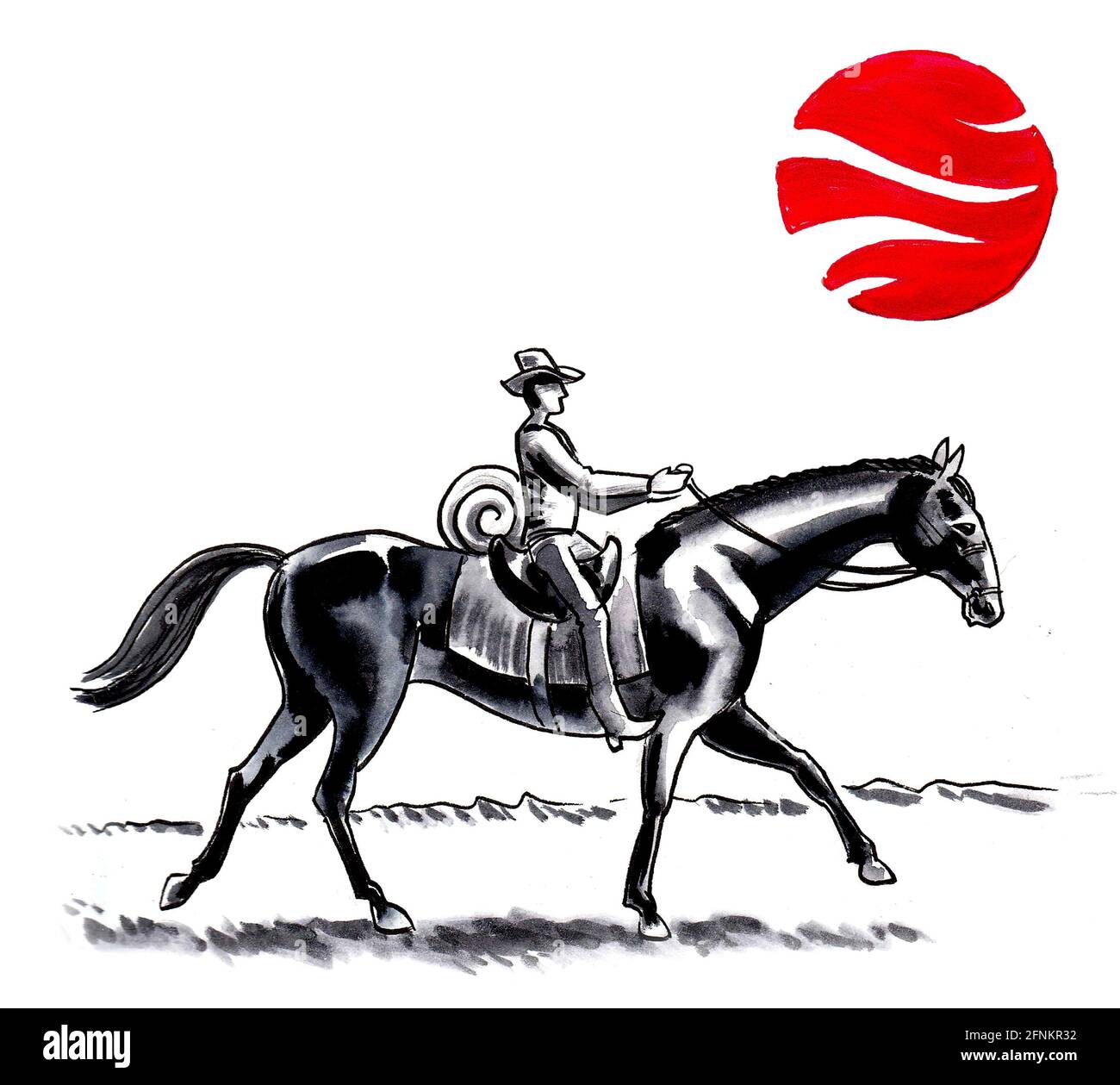 Cowboy riding a horse. Ink and watercolor drawing Stock Photo - Alamy