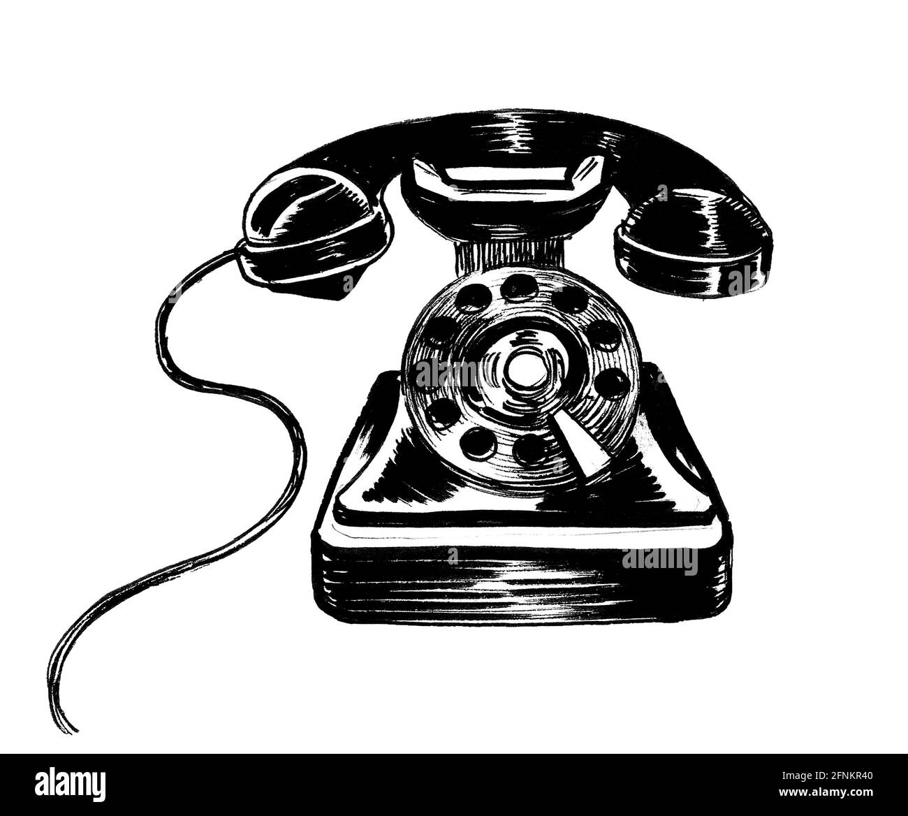 Vintage rotary telephone. Ink black and white drawing Stock Photo - Alamy
