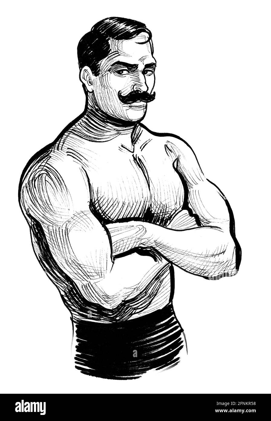 Vintage wrestler. Ink black and white drawing Stock Photo - Alamy
