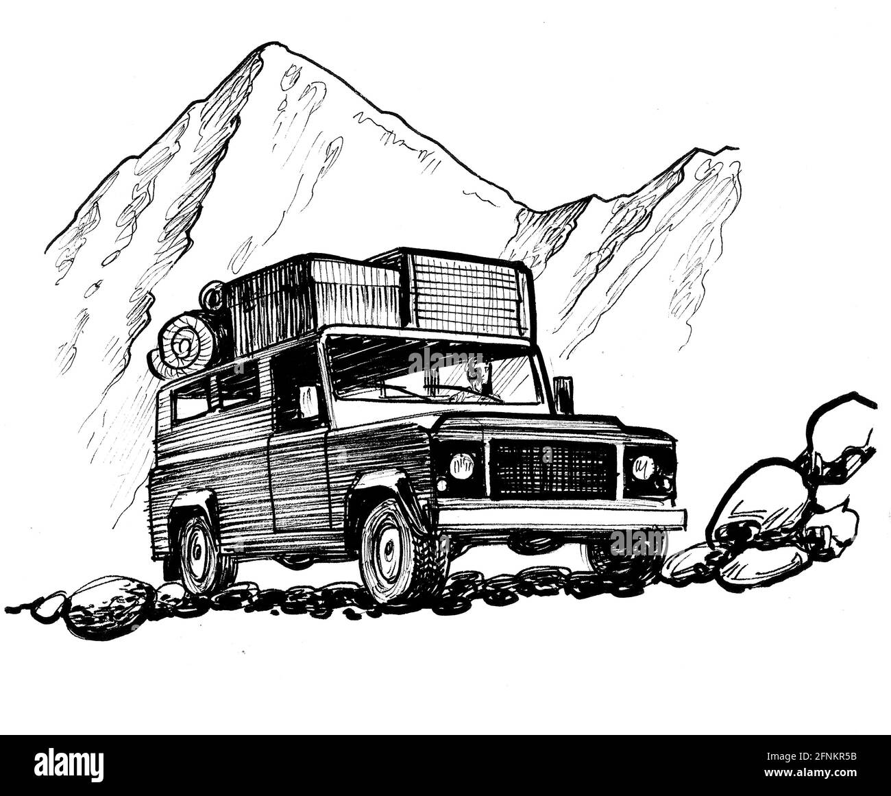 Vintage off-road automobile. Ink black and white drawing Stock Photo ...
