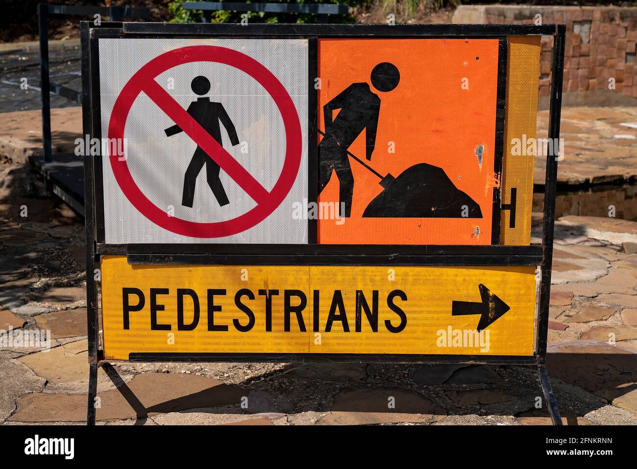 Pedestrian directional sign for work being done on a footpath Stock ...