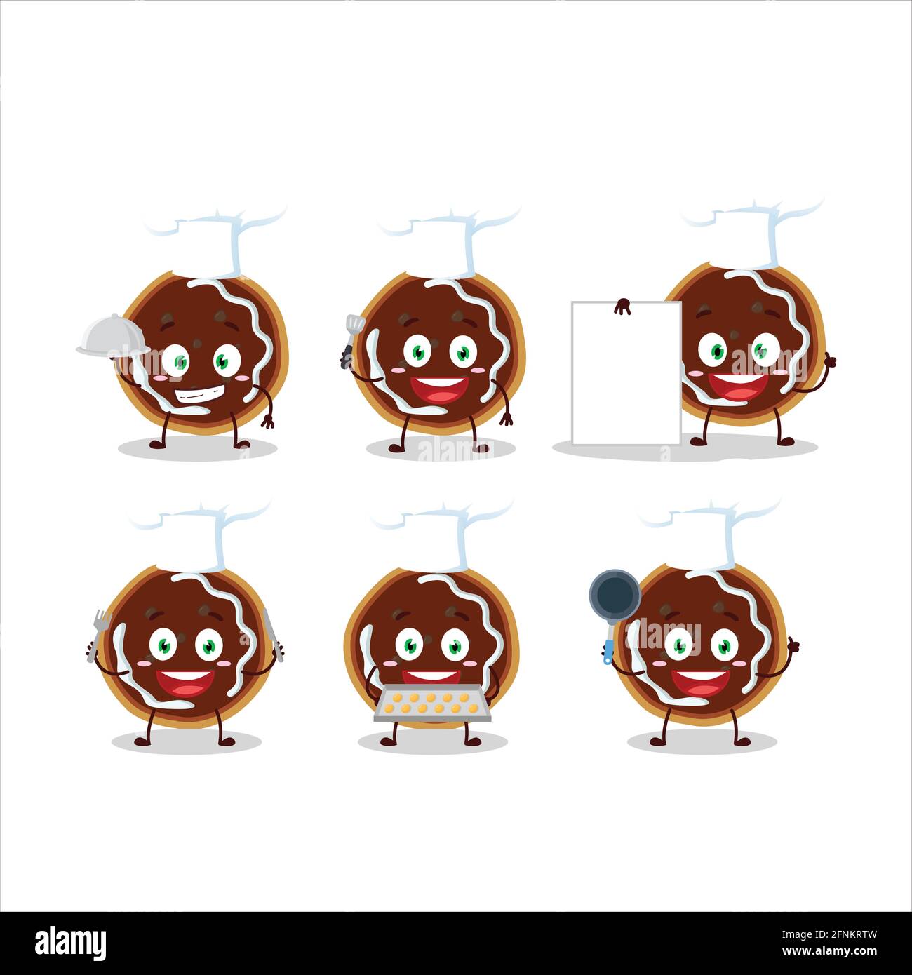 Cartoon character of cookies with jam with various chef emoticons ...