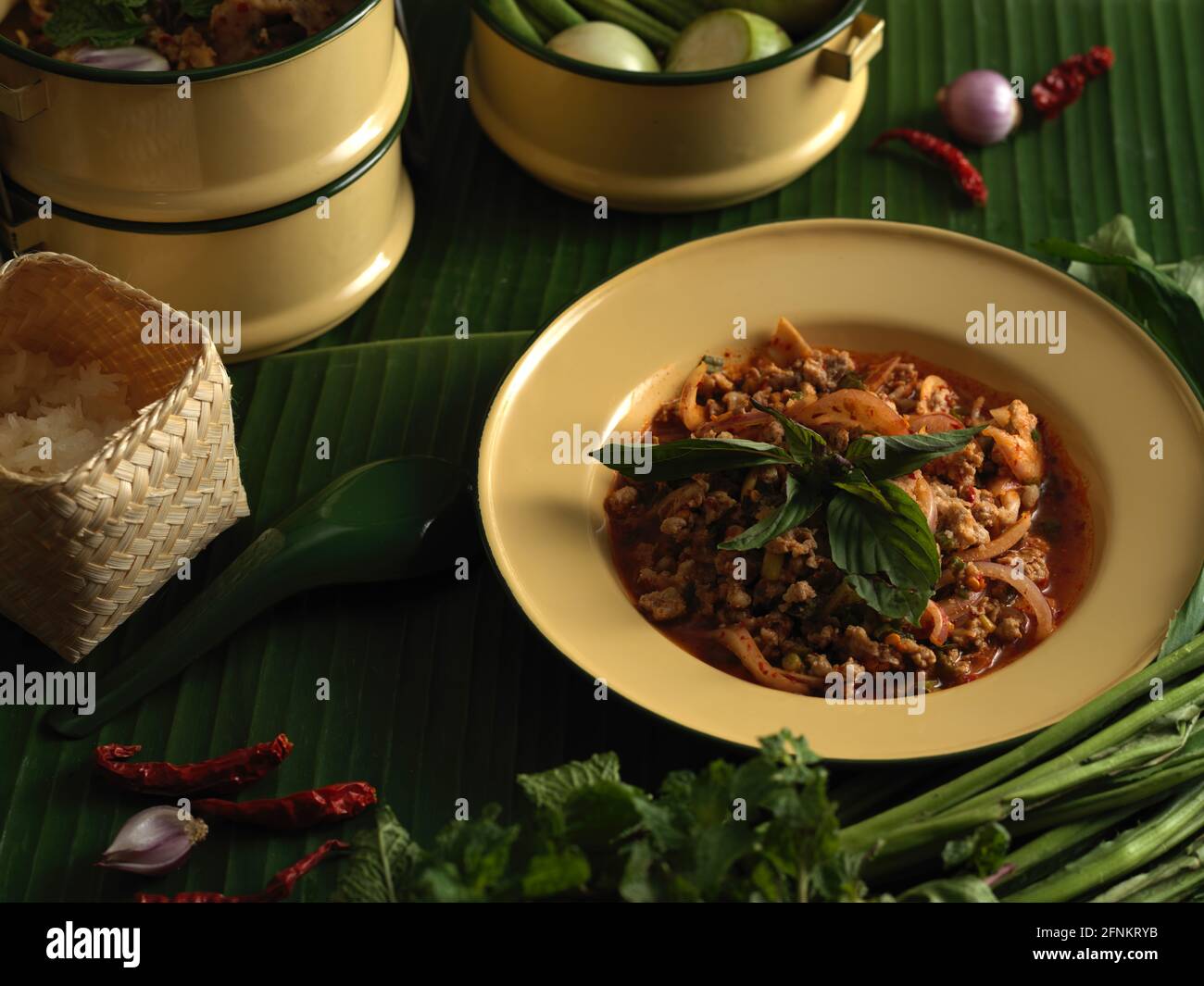 Cropped shot of Thai traditional food, spicy minced pork salad (Larb ...