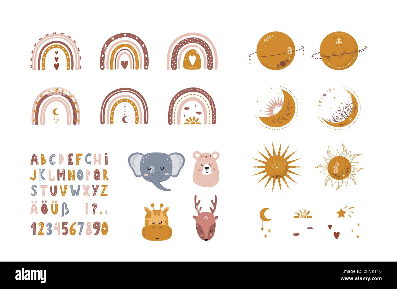 Set of boho elements rainbows, planets, moons, suns, animals. Cute hand ...