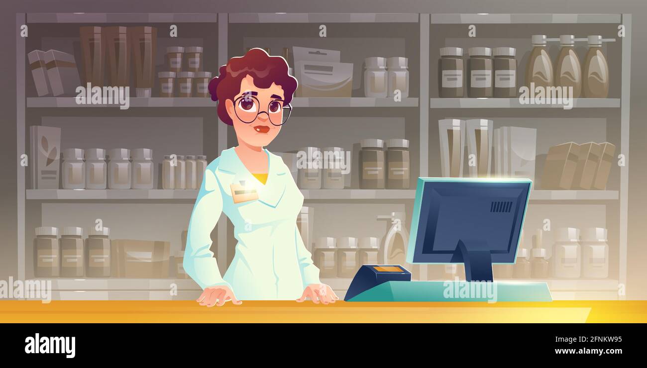 Pharmacist woman at pharmacy counter. Drugstore interior with medical ...