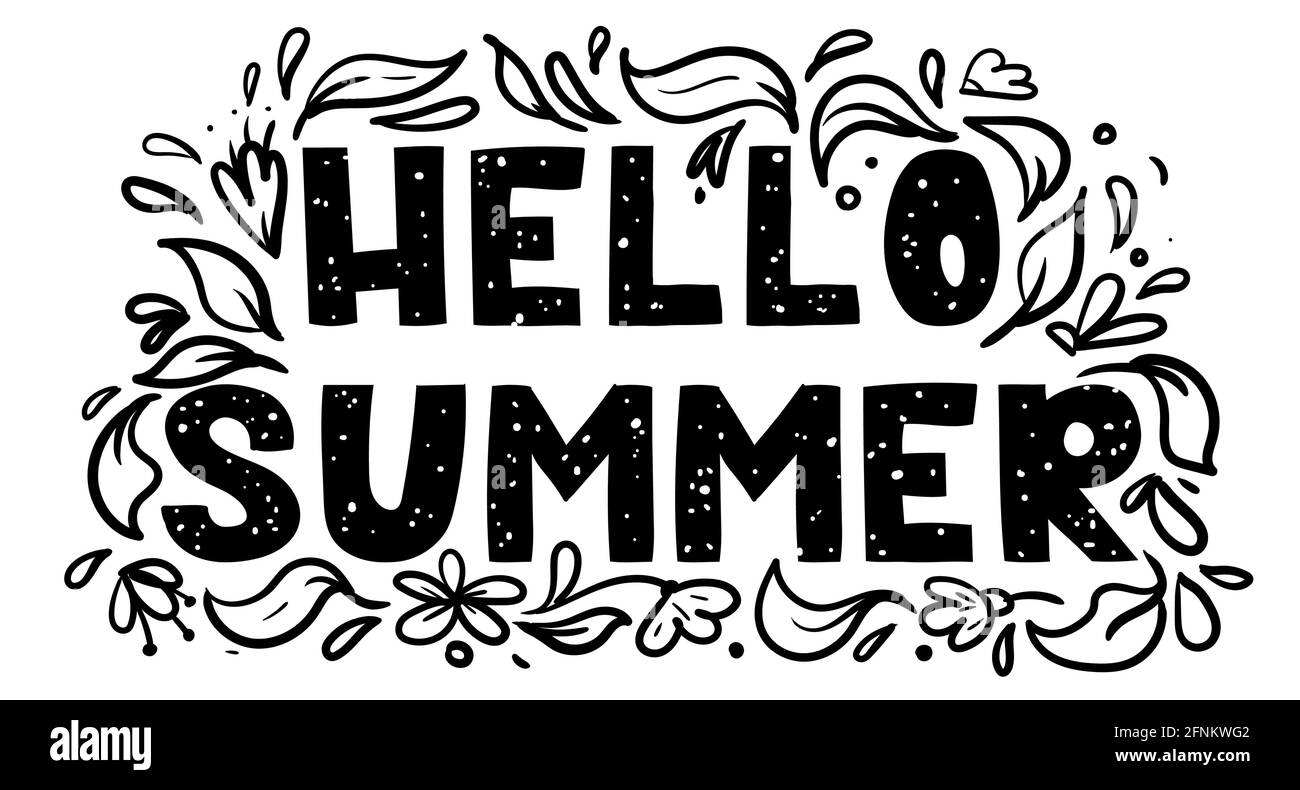 Hello summer handwritten lettering with flowers isolated on white ...