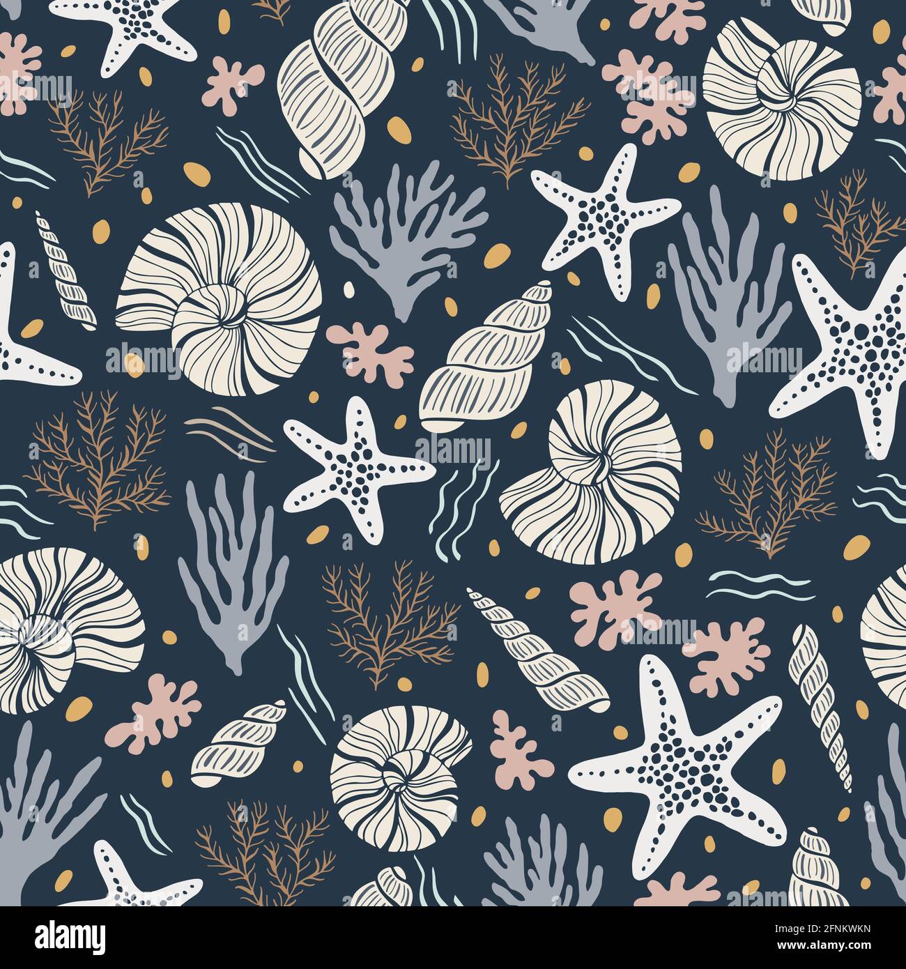 Hand-Drawn Sea Shells, Fossils, Starfish, Corals, Seaweeds, Waves ...