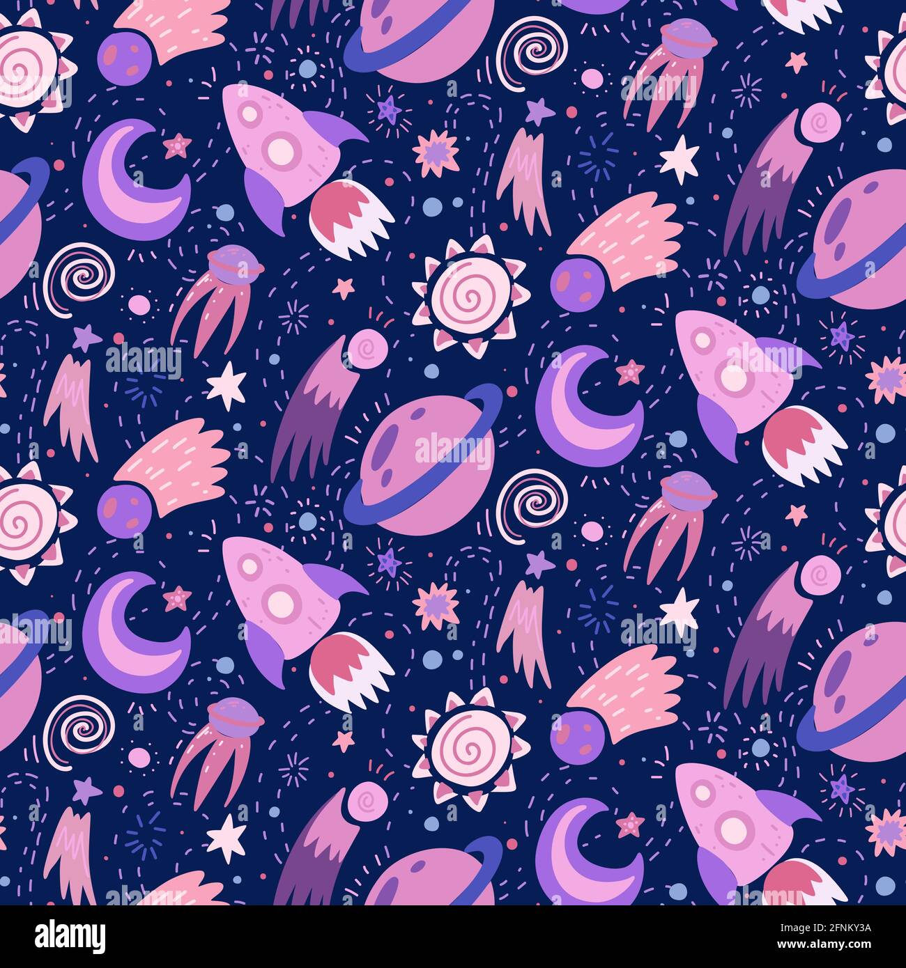 Seamless childish cosmos pattern with stars, moon, shuttle and ...