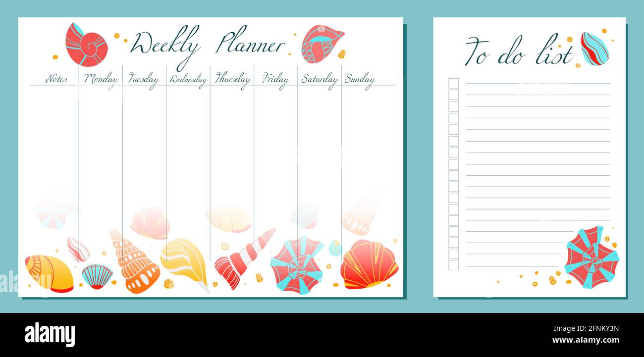 Set of day organization templates with seashells with boho decoration ...