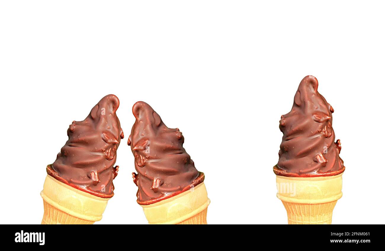 Three Chocolate Coating Soft Serve Ice Cream Cones Arranged in a Row on ...