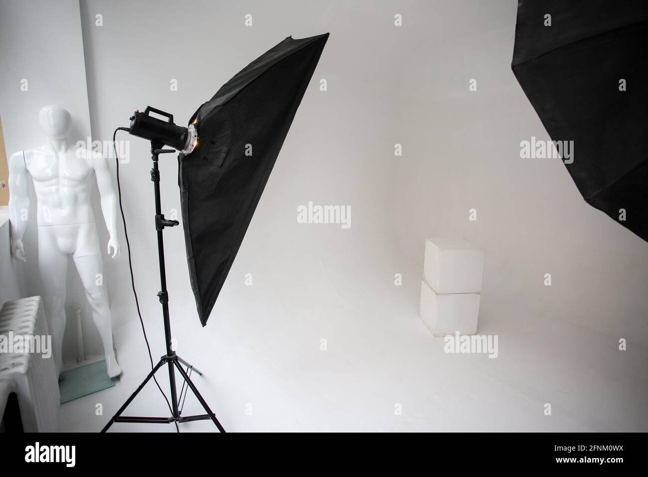 Photo studio, lighting fixtures, white endless background, white cubes ...