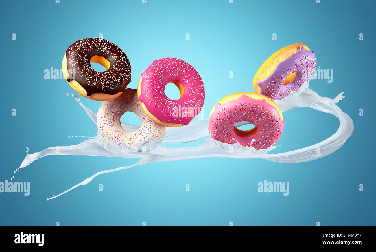 Colorful donuts flying with milk splash on blue background. 3D ...