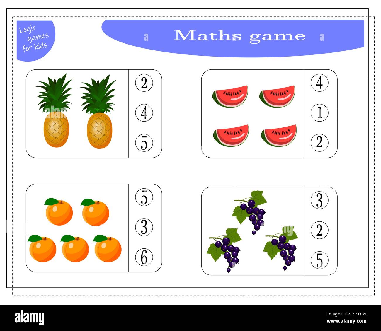 math game for kids, count how many items, fruits pineapple, watermelon ...