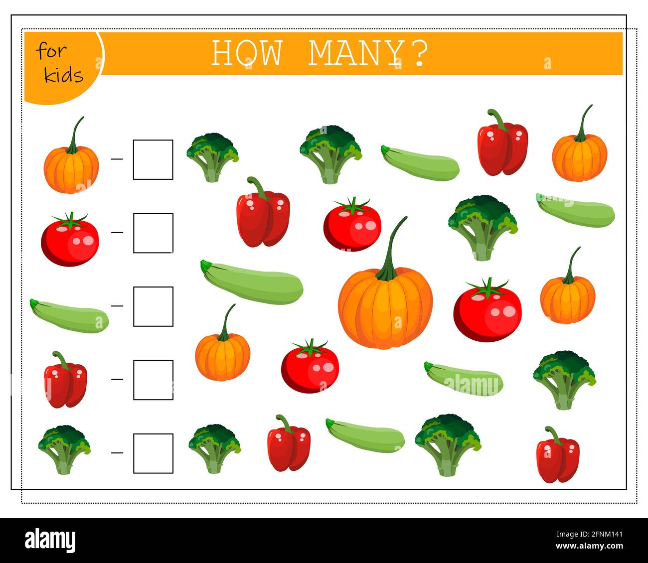 math game for kids, count how many items, vegetables.pumpkin, tomato ...