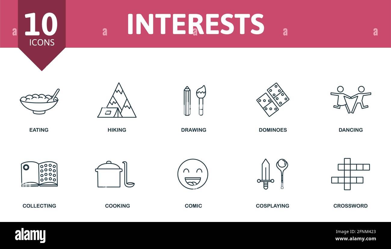 Interests icon set. Contains editable icons activity and hobbies theme ...
