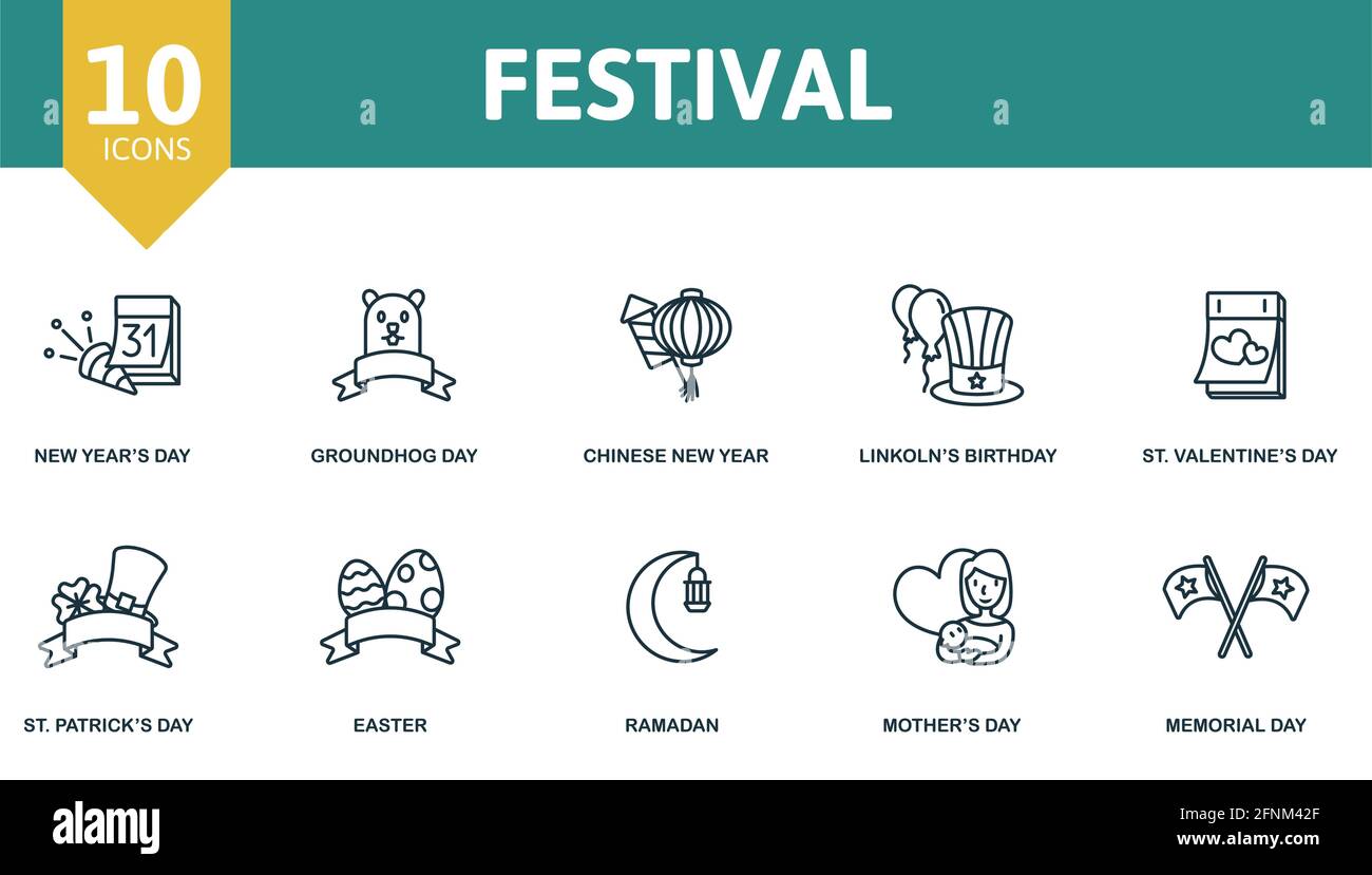 Festival icon set. Contains editable icons hollidays theme such as new ...