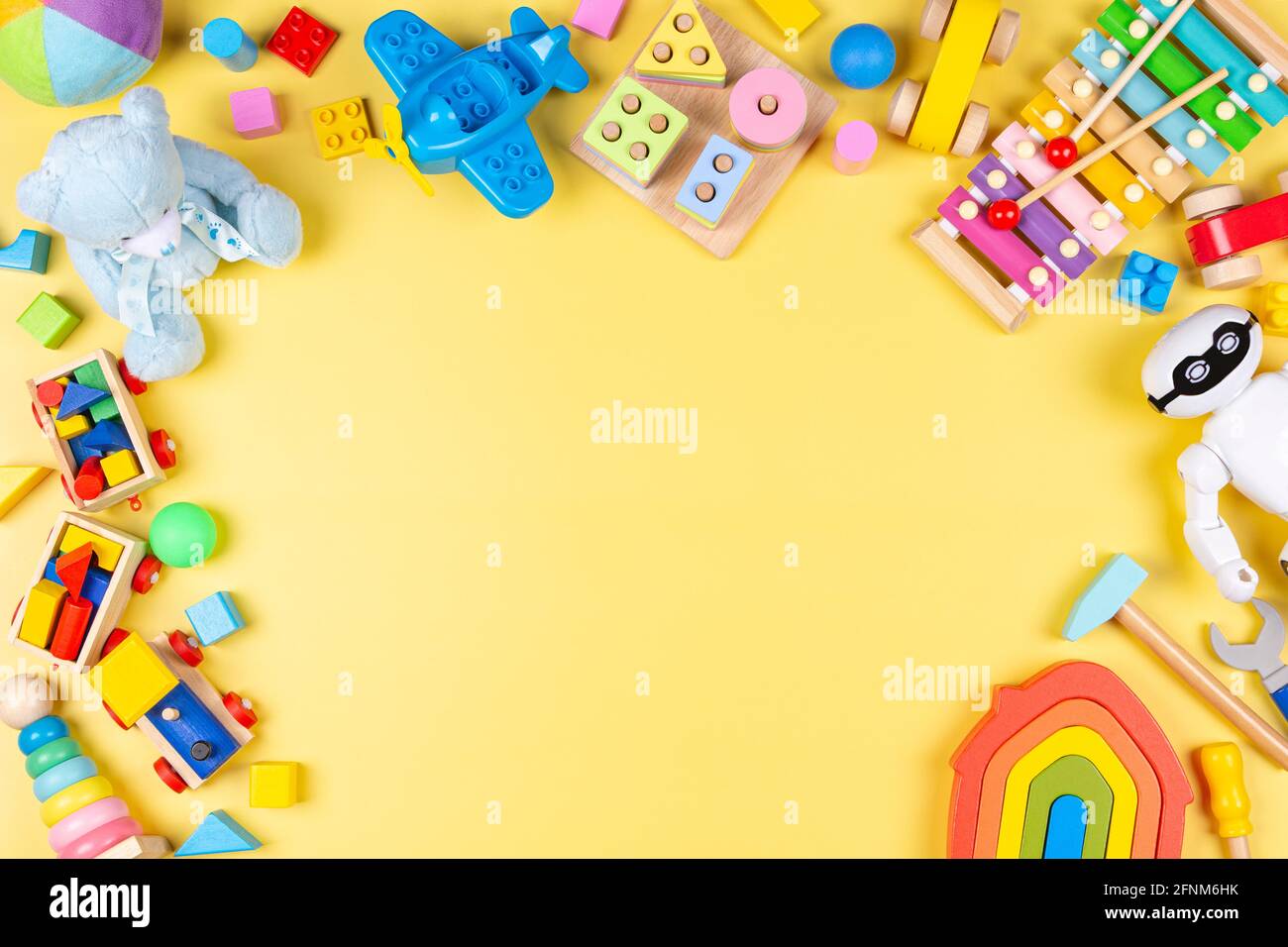 Colorful educational wooden plastic and fluffy toys for children on ...