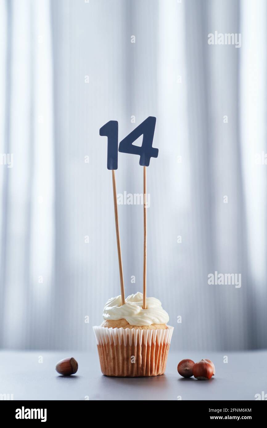 Tasty vanilla birthday cake or cupcake with number 14 fourteen with ...