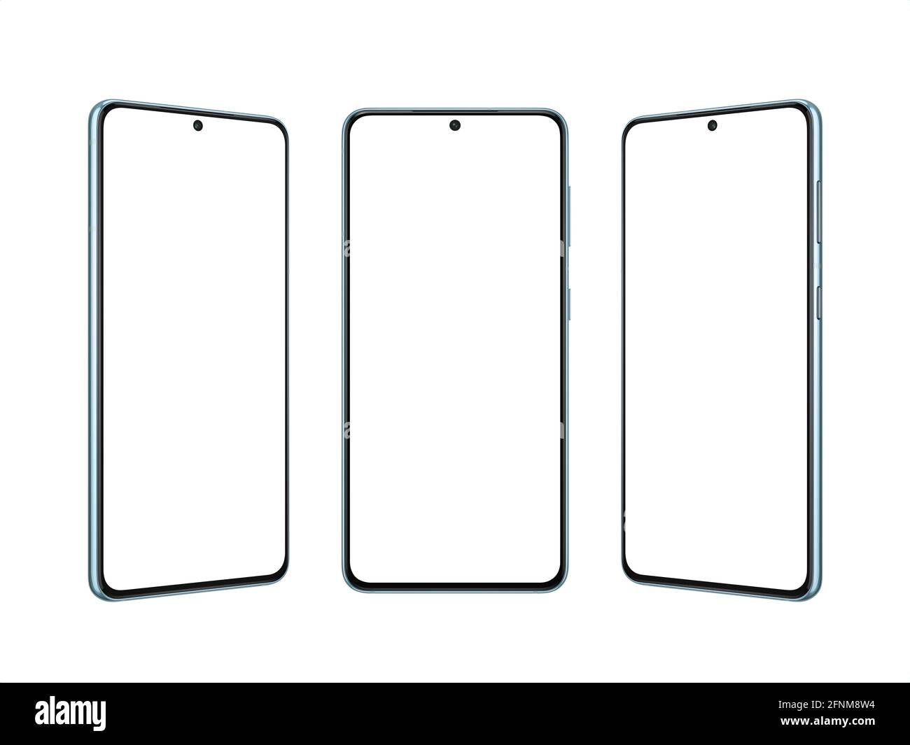 Isolated modern smart phone in three position. Thin edges with small ...