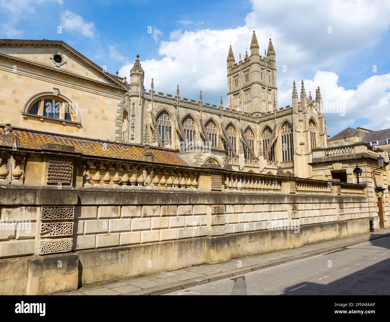 Bath Abbey church from outside Roman Baths, Bath, Somerset, England, UK ...