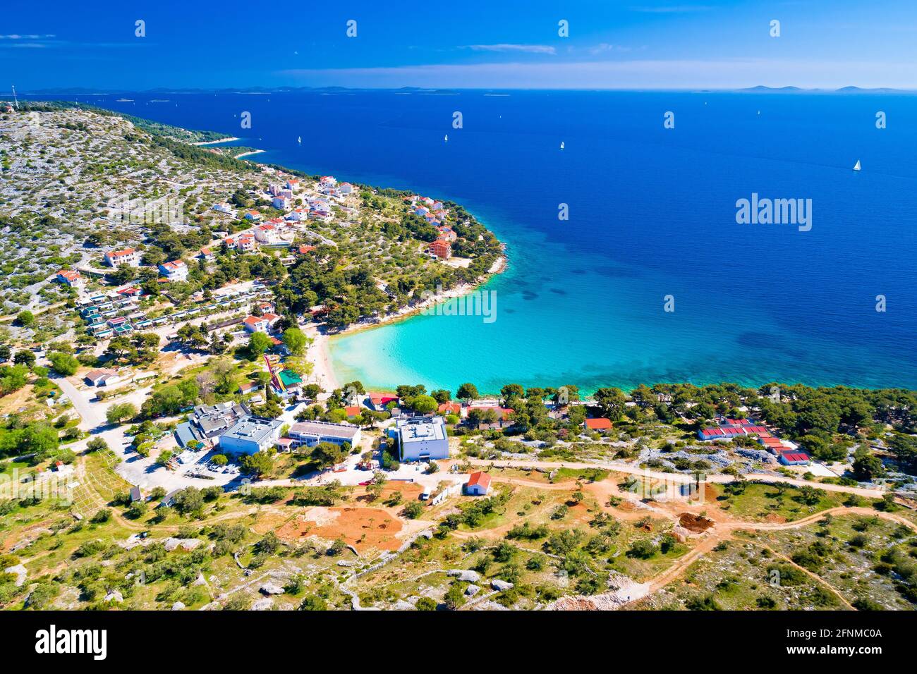 Island of Murter turquoise lagoon beach Slanica aerial view, Dalmatia ...