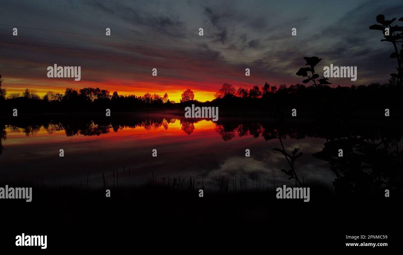 Beautiful red sunset landscape by the lake with tree silhouettes that ...