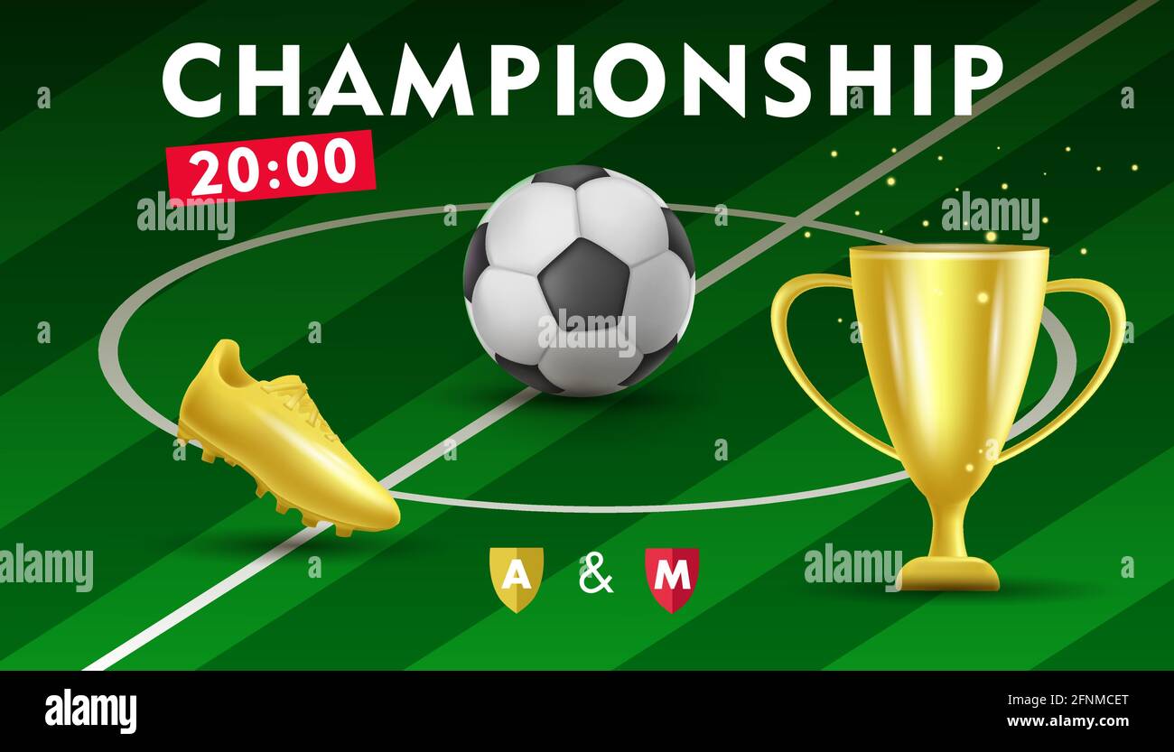 Golden soccer or football pattern with golden boot, horn and trophy cup ...