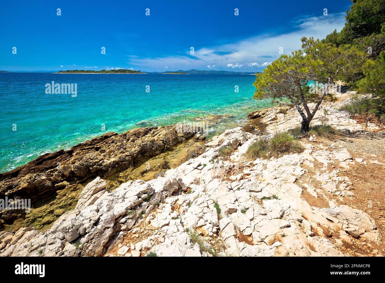 Idyllic turquoise rocky beach landscape view in Zadar riviera ...