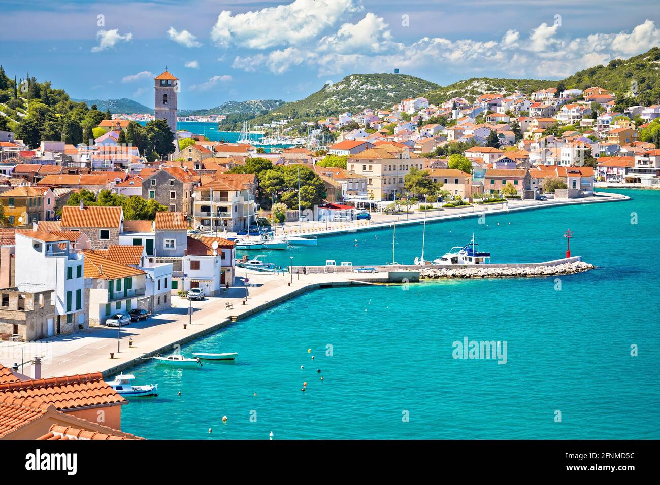 Coastal town of Tisno waterfront view, bridge to island of Murter ...