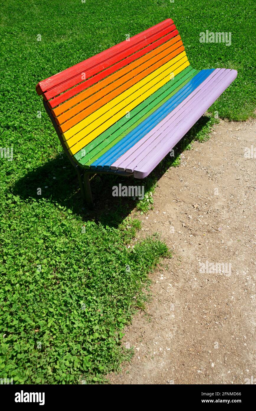 Bench Painted in Rainbow Colors in the Park Stock Photo - Alamy