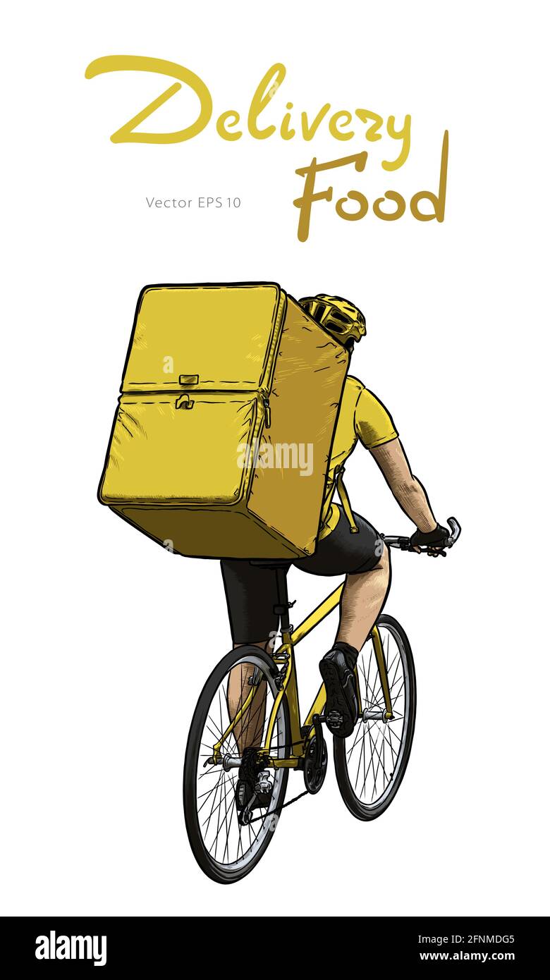 Young man riding bicycle in delivery food service hand drawn vector ...