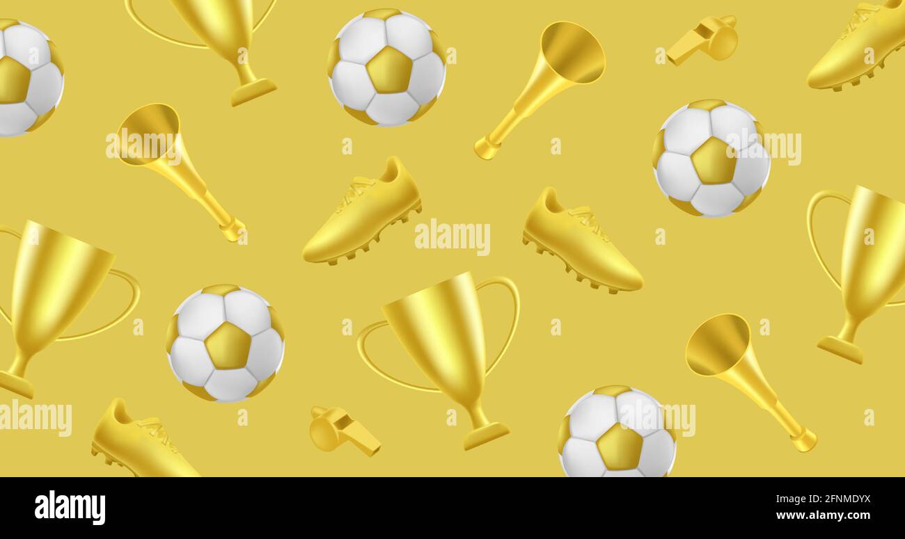 Golden soccer or football pattern with golden boot, horn and trophy cup ...
